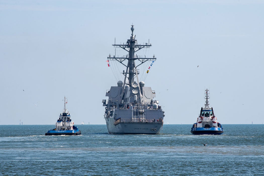 First Flight III Destroyer Jack H. Lucas (DDG 125) sails away from HII ...